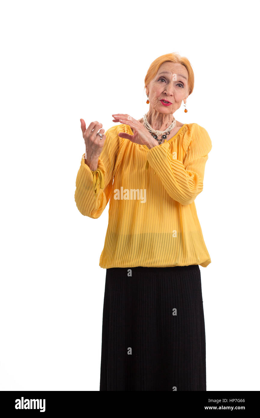 Senior woman talking isolated. Lady standing on white background. Self ...