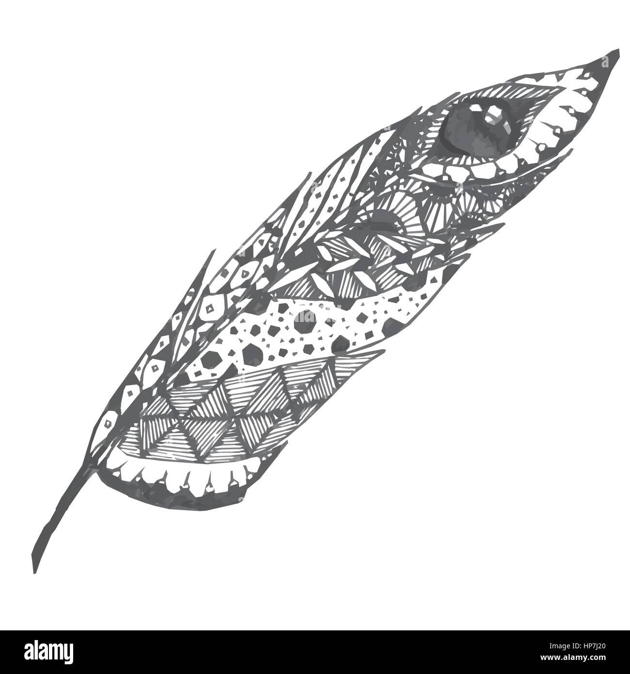 Hand drawn doodle zentangle feather isolated from background. Black and ...