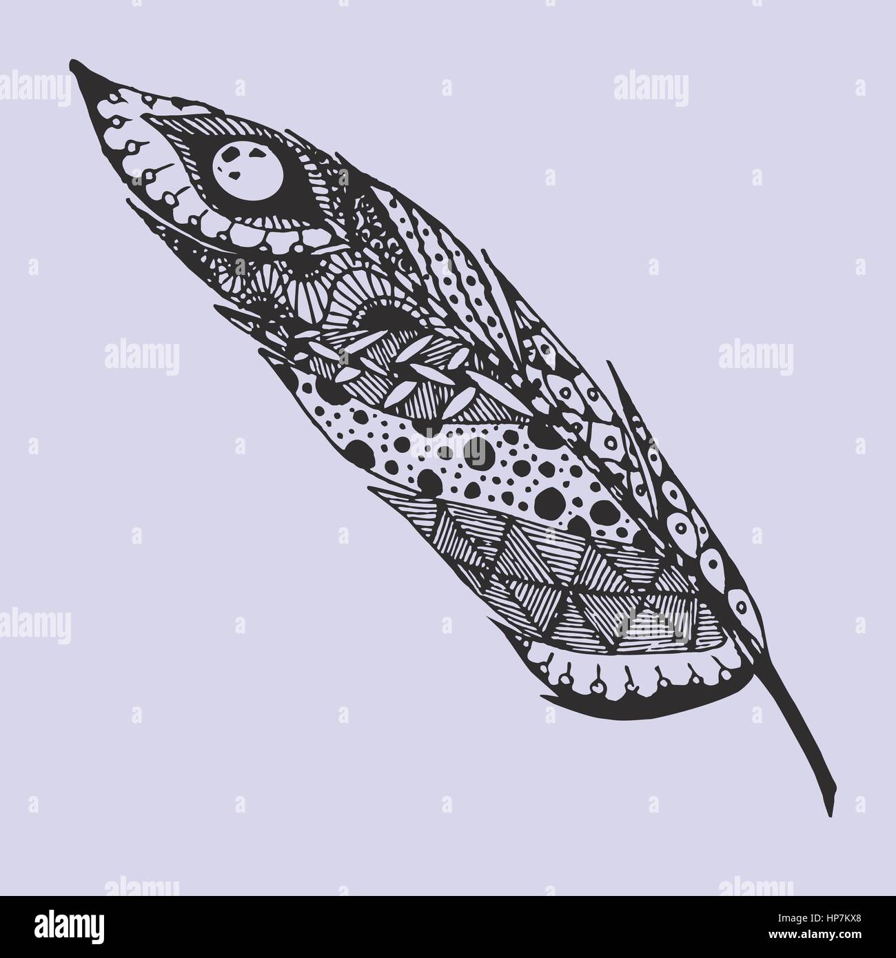 Hand drawn doodle zentangle feather isolated from background. Black and purple illustration with ...