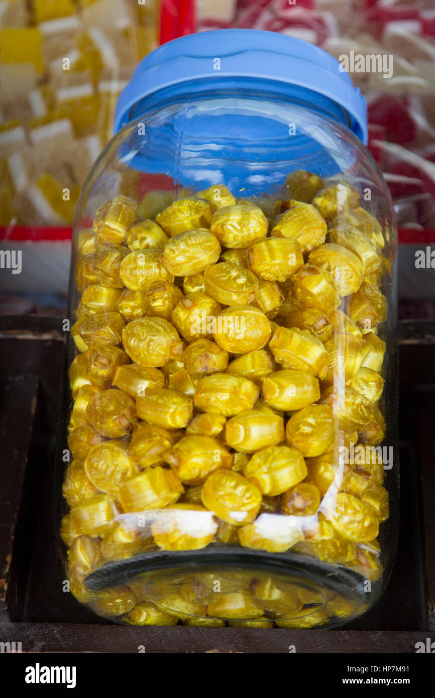 Sweet Sugar Candies on a Street Market Shop Table, Selective focus with ...