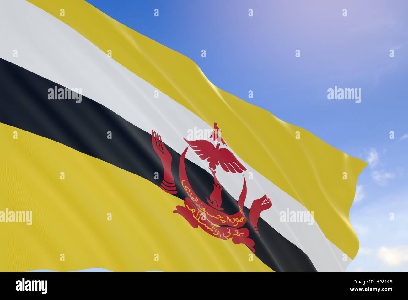 3D rendering of Brunei flag waving on blue sky background, Brunei ...