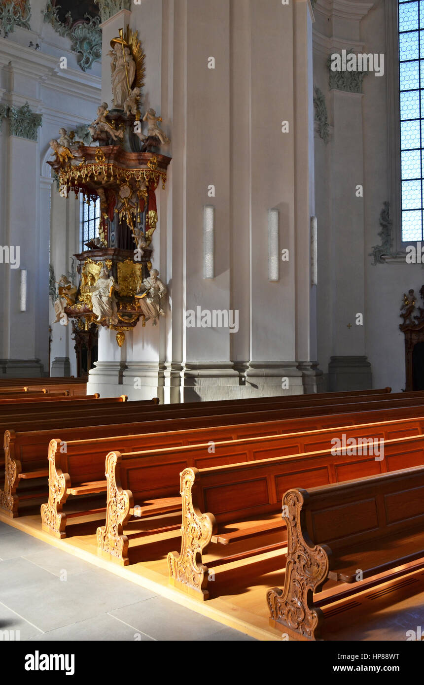 Row of benches in a church Stock Photo - Alamy