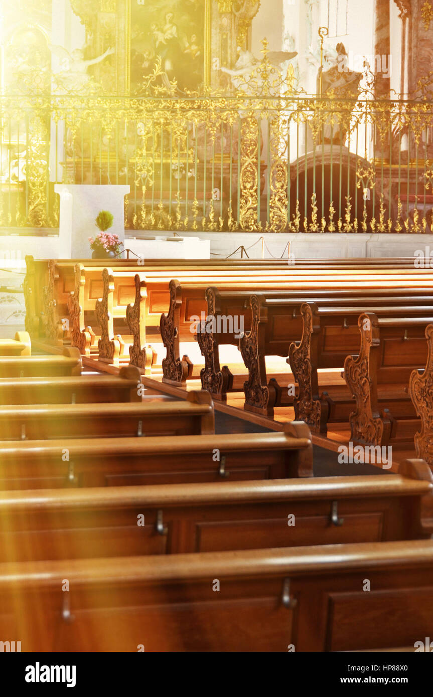 Row of benches in a church Stock Photo - Alamy
