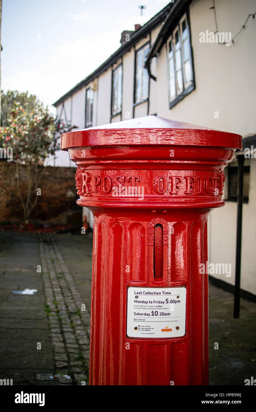 Victorian Post Box on Eton High Street, bright red fluted Doric style ...