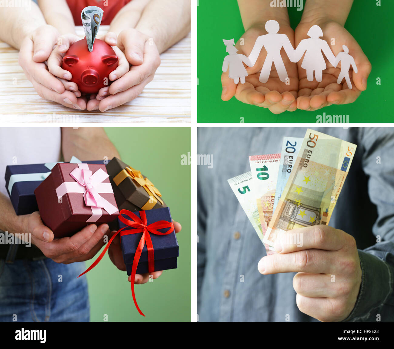 collage, set hands with money, gifts and family values Stock Photo - Alamy