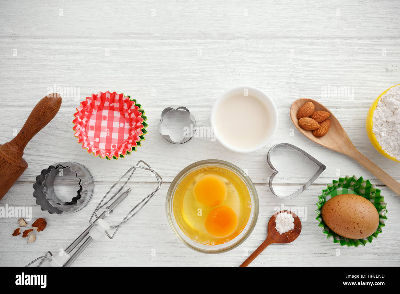 Baking background with baking ingredients on white wooden table Stock ...