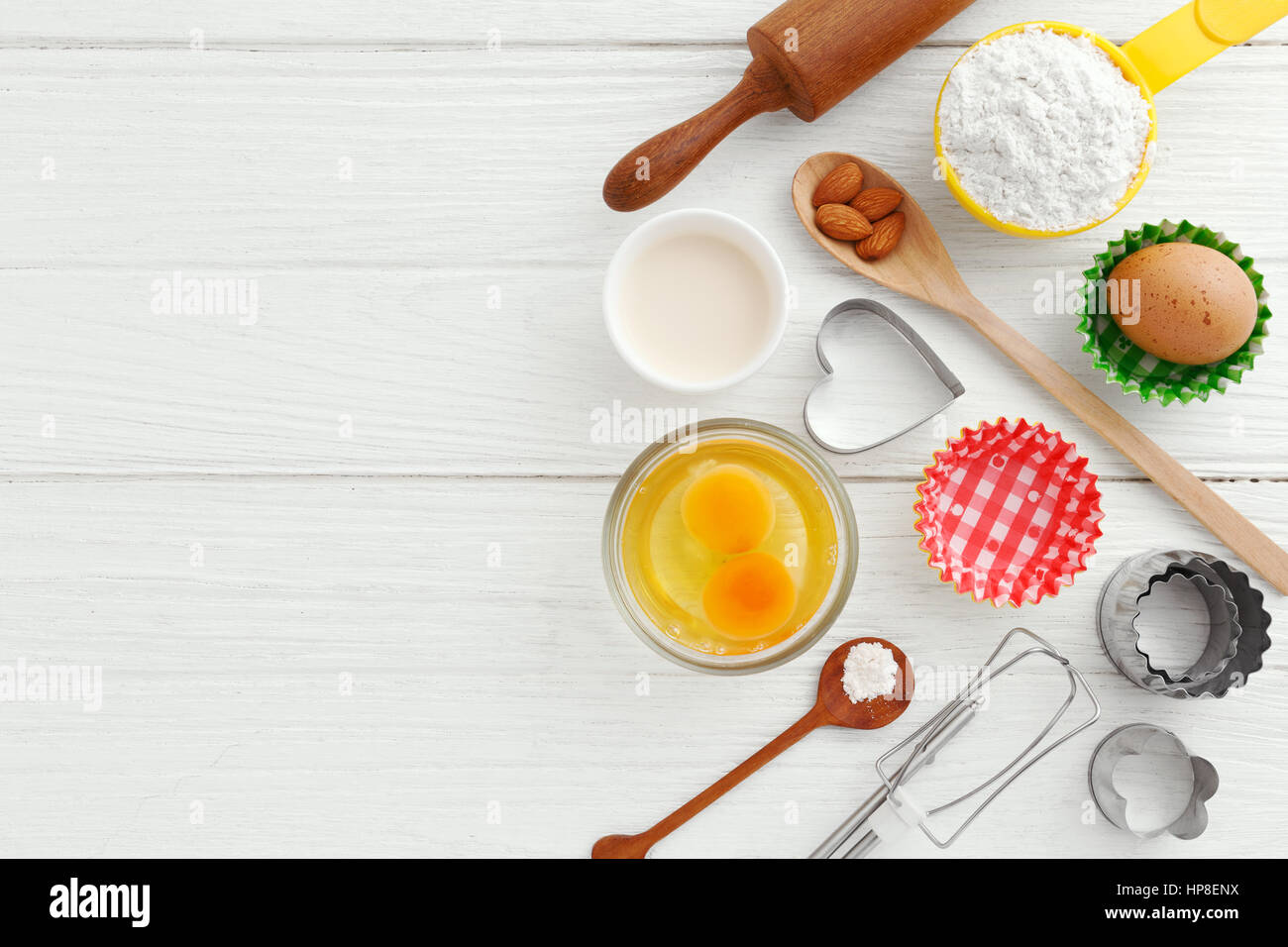 Baking background with baking ingredients on white wooden table Stock ...