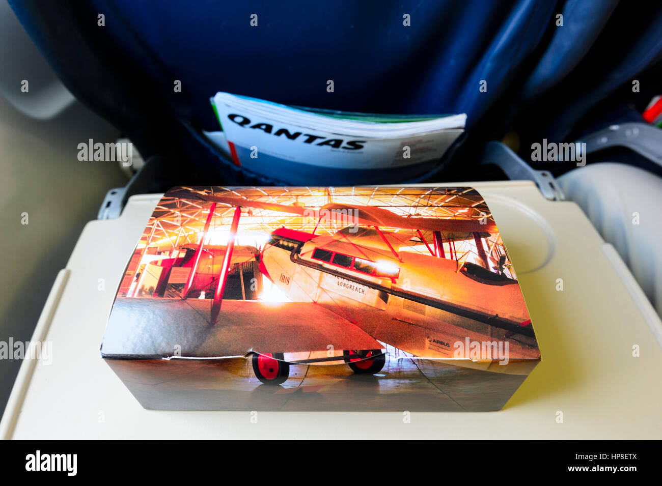 Lunch box on passenger's table on board a QantasLink flight, New South ...