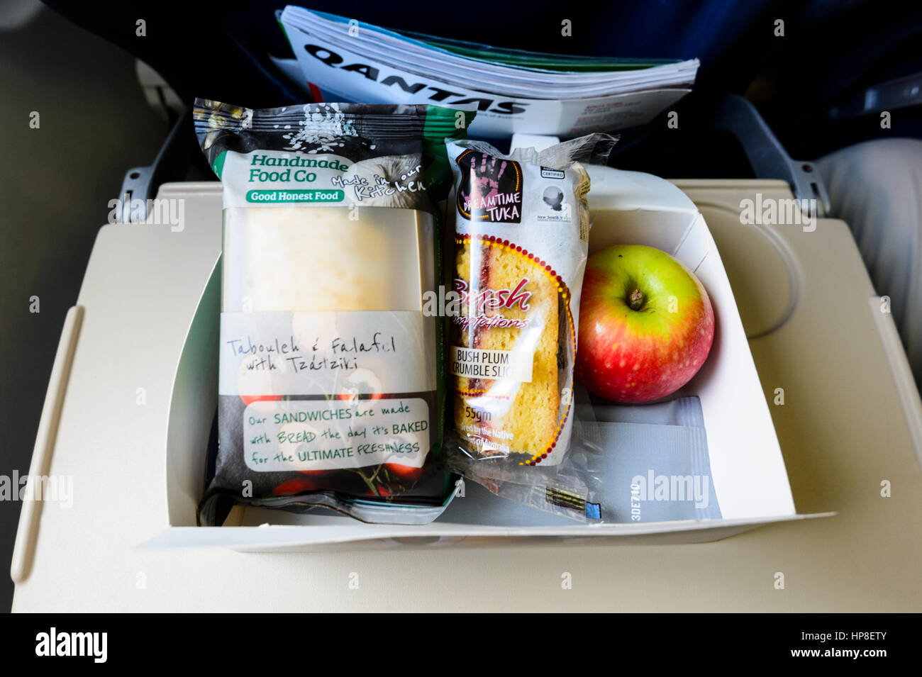 Lunch box on passenger's table on board a QantasLink flight, New South ...
