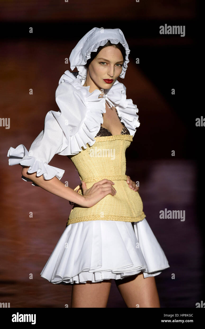 Madrid, Spain. 18th Feb, 2017. A model wears at collection runway a ...