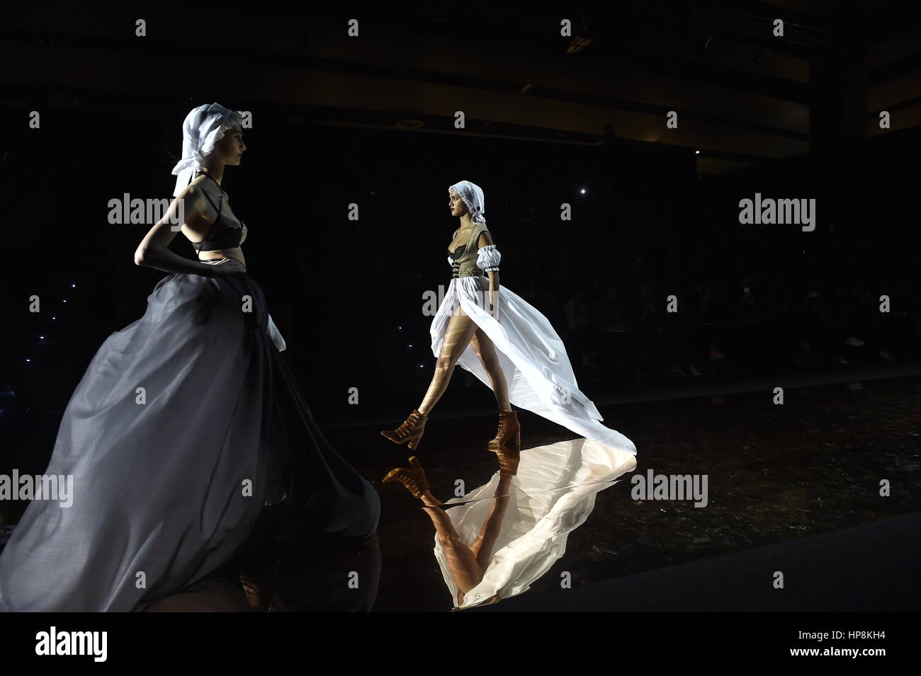 A model wears at collection runway a creation from Andres Sarda during ...