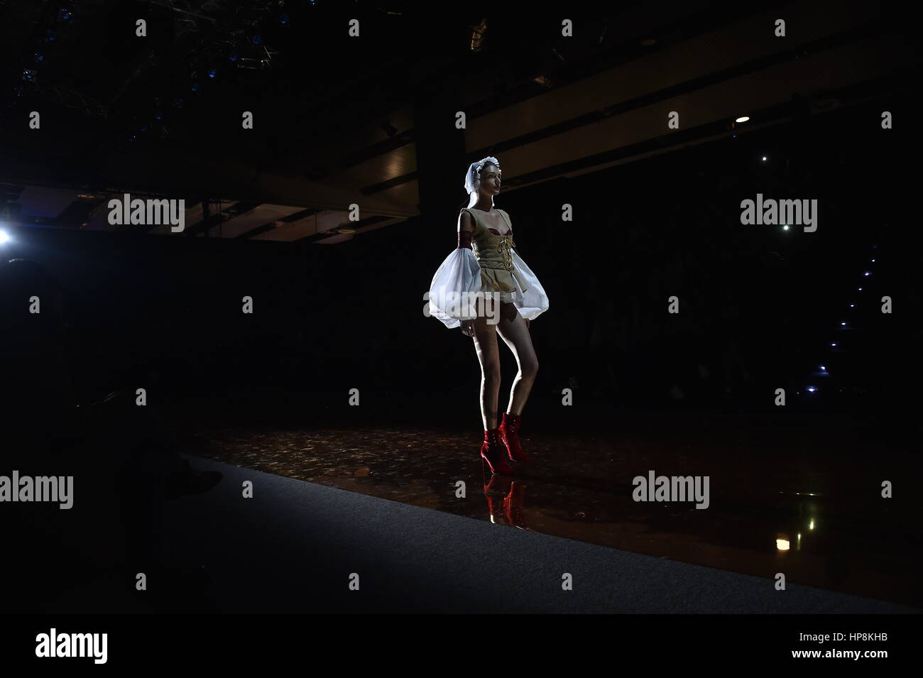 A model wears at collection runway a creation from Andres Sarda during ...