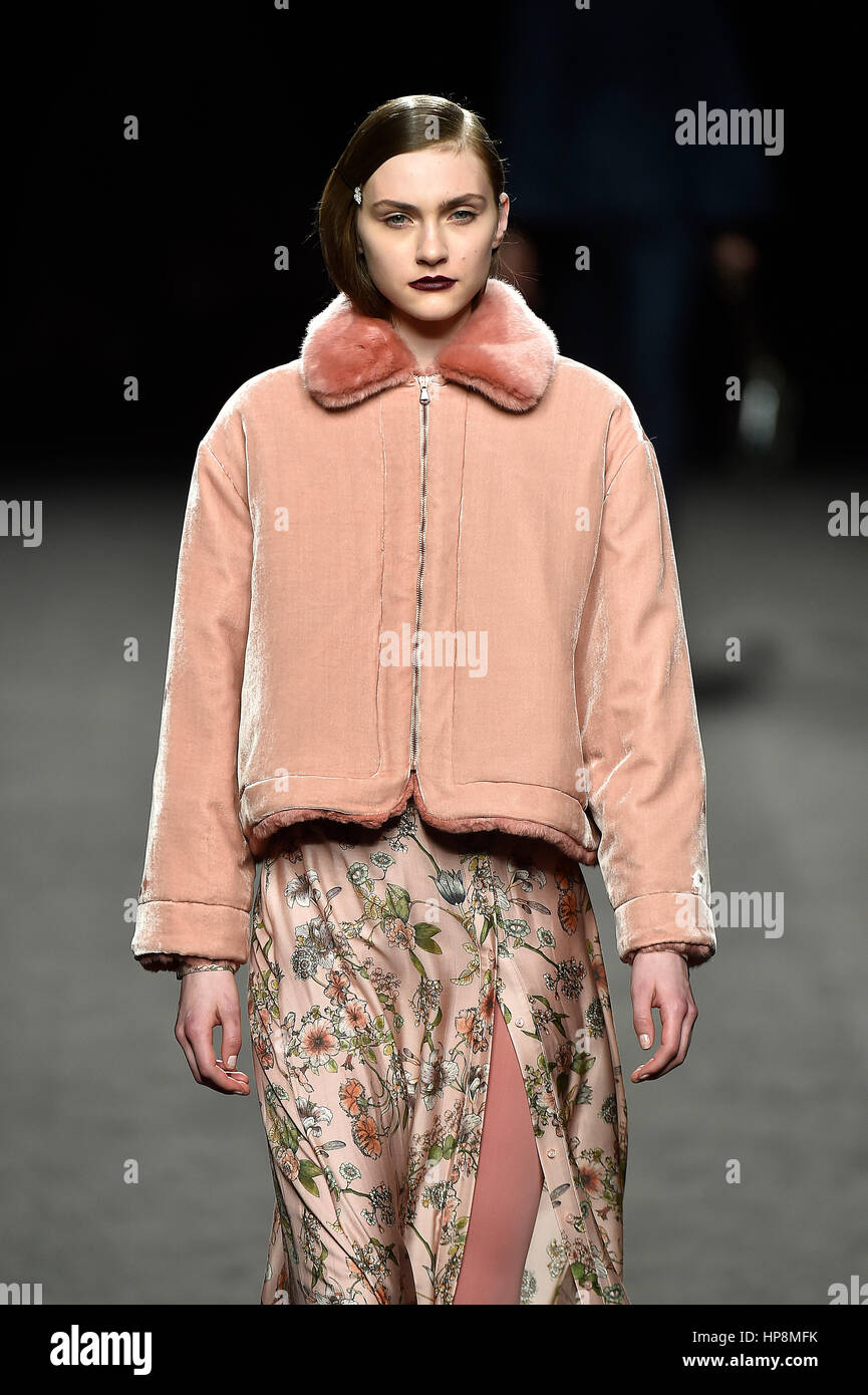 Madrid, Spain. 18th Feb, 2017. A model wears at collection runway a ...
