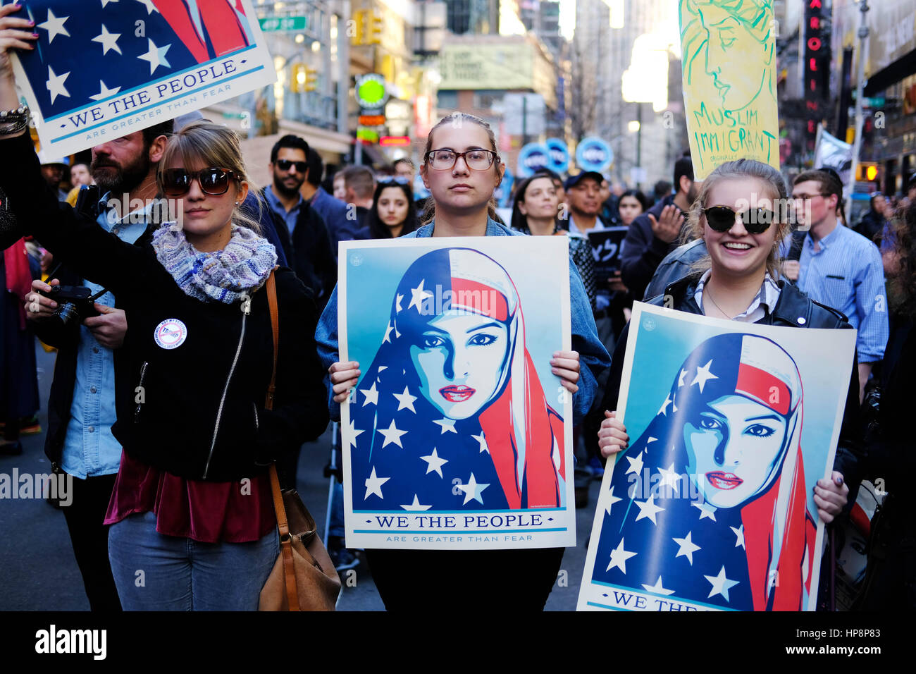 New York, USA. 19th Feb, 2017. Protesters hold placards to demonstrate ...