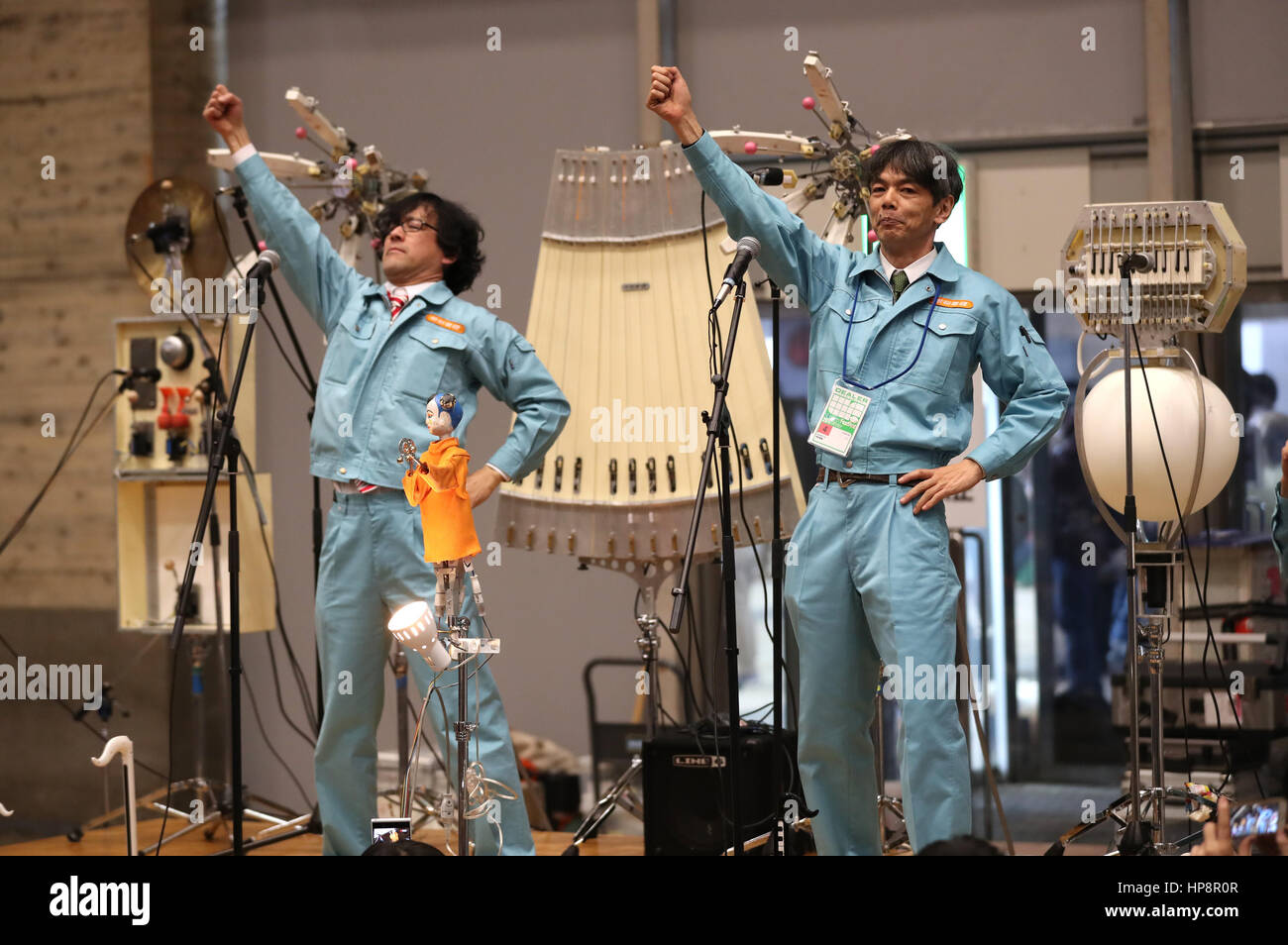 Chiba, Japan. 19th Feb, 2017. Members of Japan's art unit Maywa Denki ...