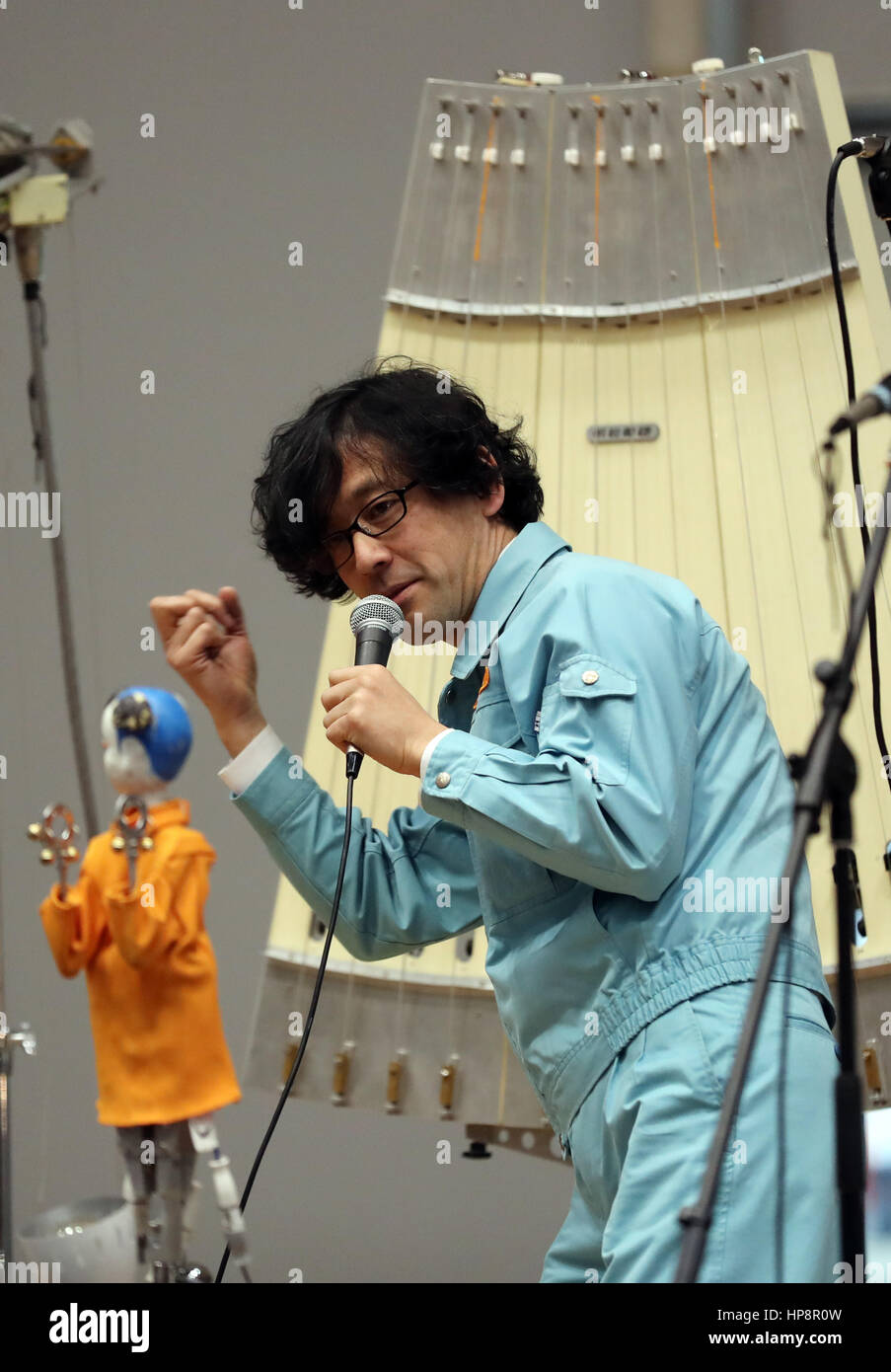 Chiba, Japan. 19th Feb, 2017. A member of Japan's art unit Maywa Denki ...