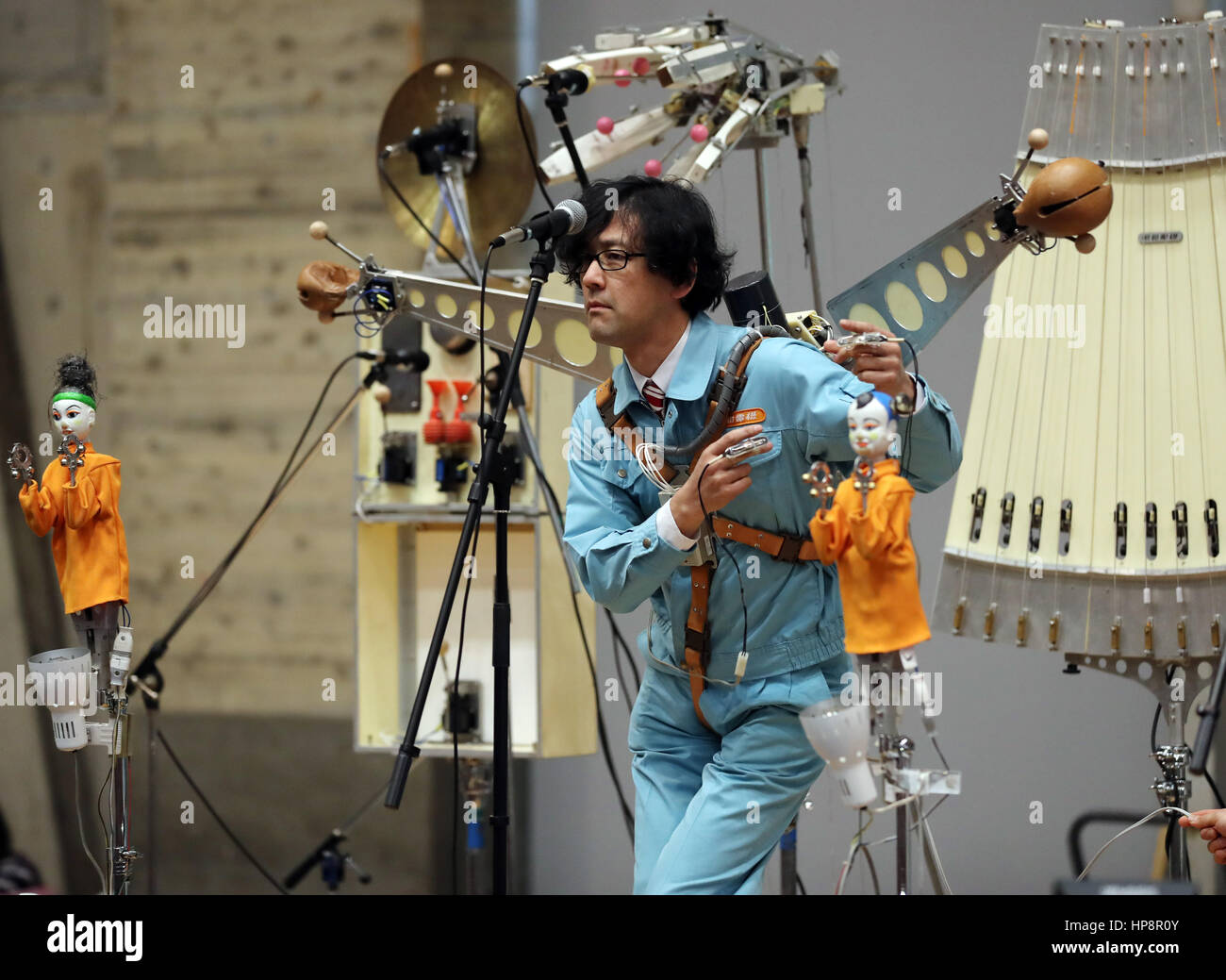 Chiba, Japan. 19th Feb, 2017. A member of Japan's art unit Maywa Denki ...