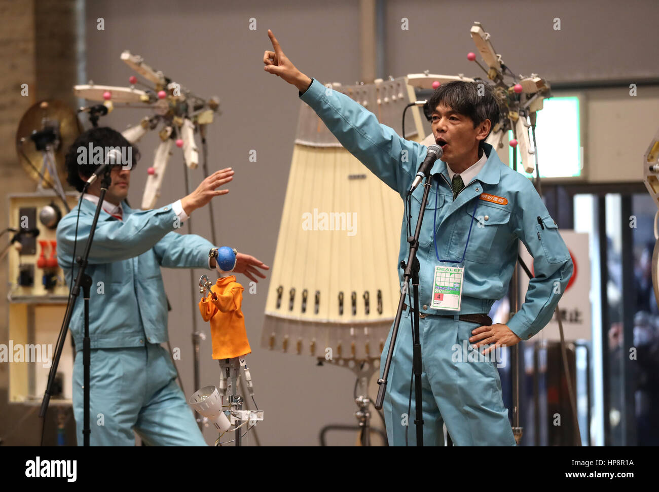 Chiba, Japan. 19th Feb, 2017. Members of Japan's art unit Maywa Denki ...