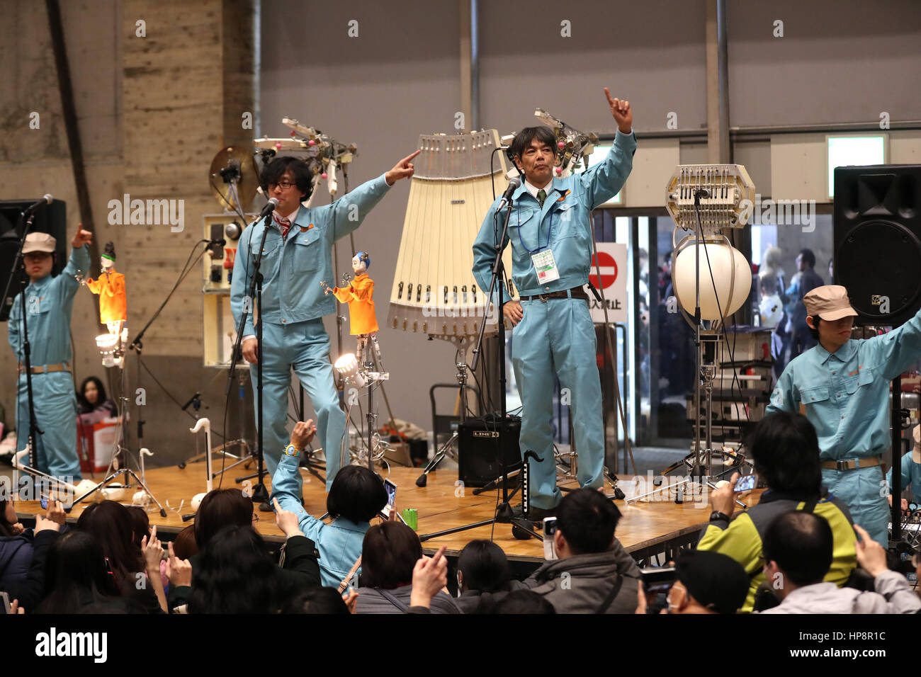 Chiba, Japan. 19th Feb, 2017. Members of Japan's art unit Maywa Denki ...