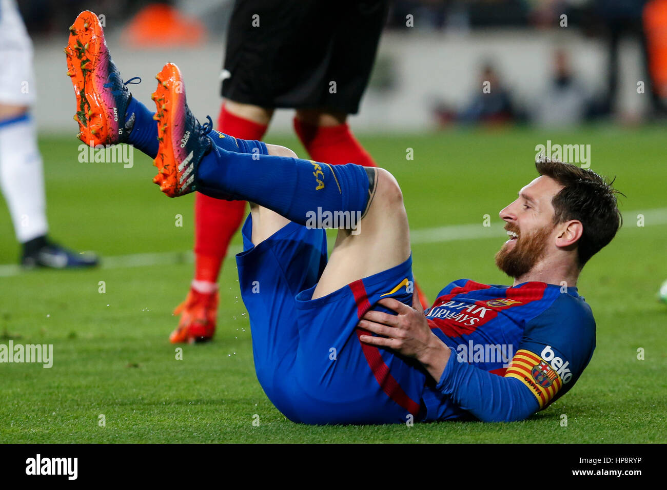 Barcelona, Spain. 19th Feb, 2017. Barcelona's Lionel Messi reacts ...