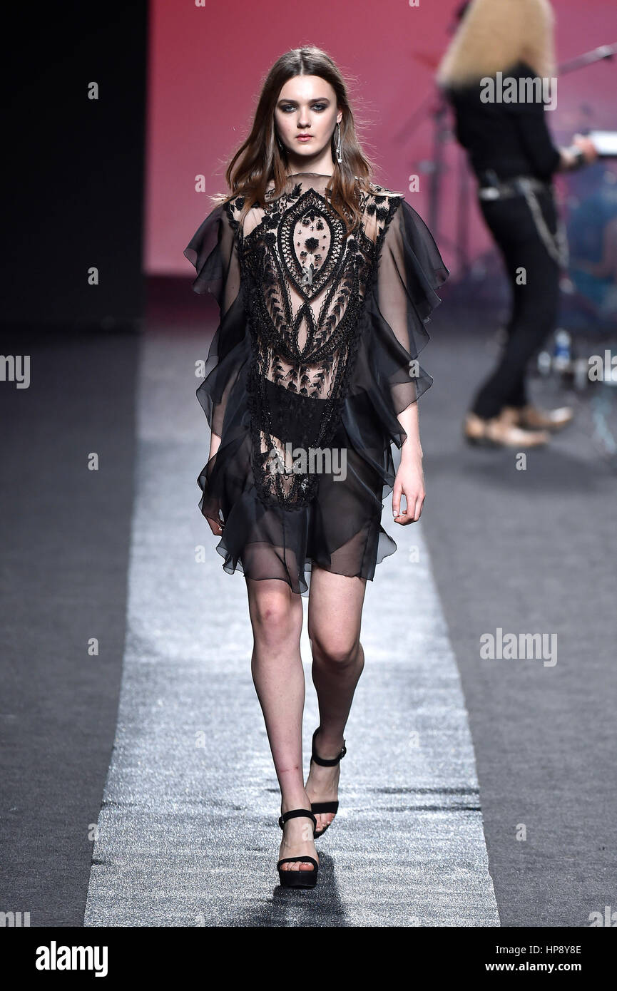 A model wears at collection runway a creation from Juana Martin during ...