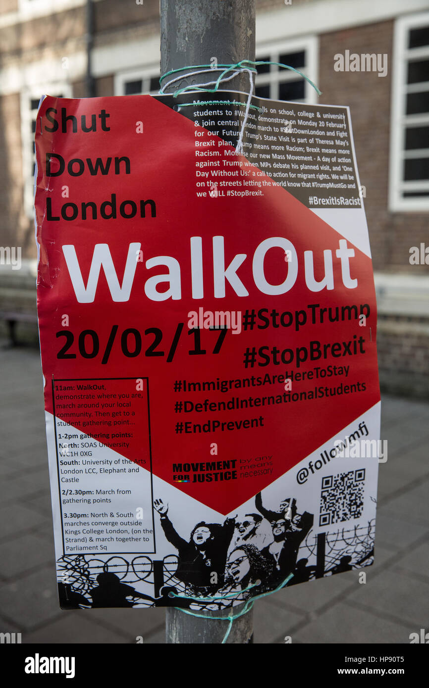 London, UK. 20th February, 2017. A poster advertising a walkout by ...