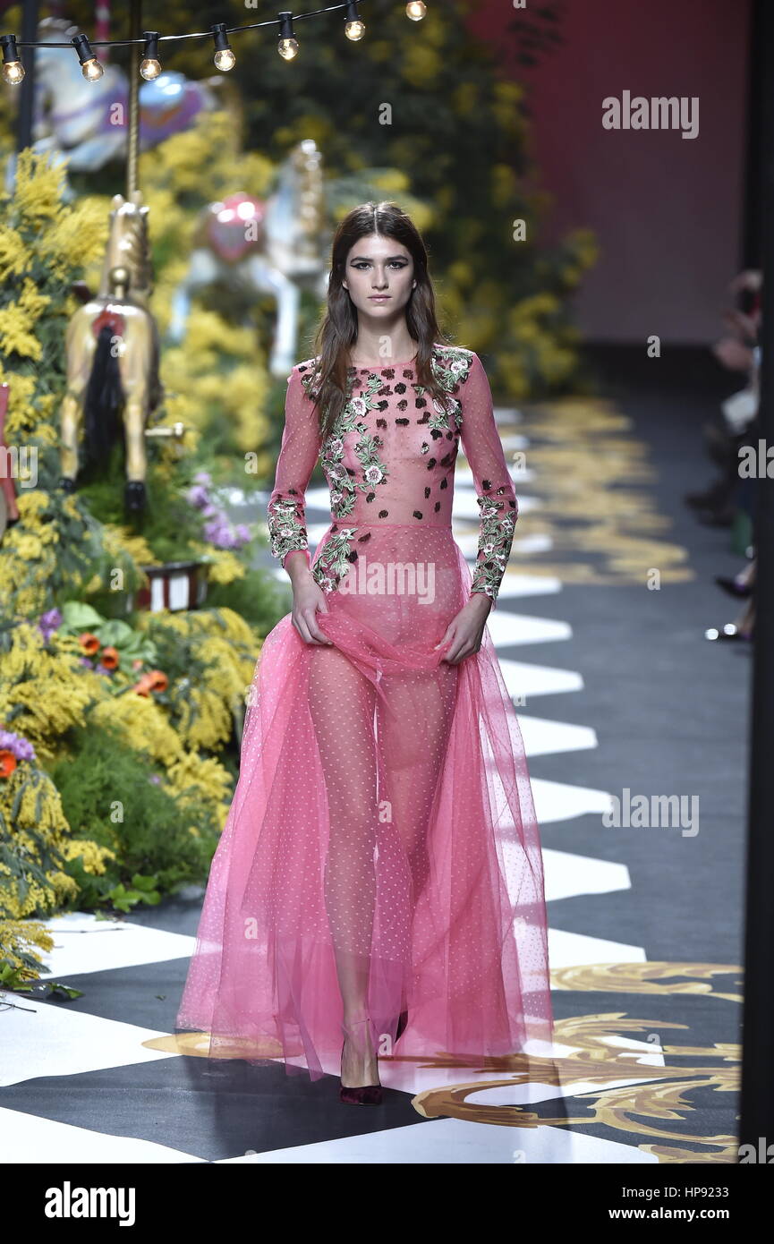 Madrid, Spain. 20th Feb, 2017. A model wears at collection runway a ...