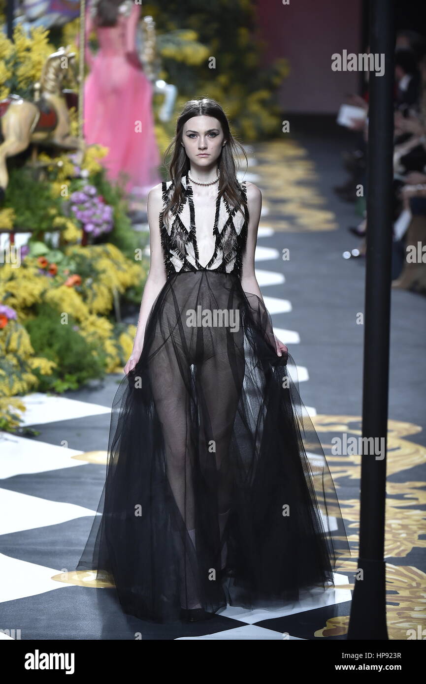 Madrid, Spain. 20th Feb, 2017. A model wears at collection runway a ...