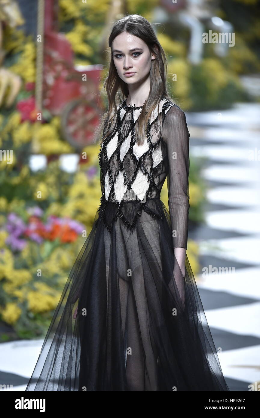 Madrid, Spain. 20th Feb, 2017. A model wears at collection runway a ...