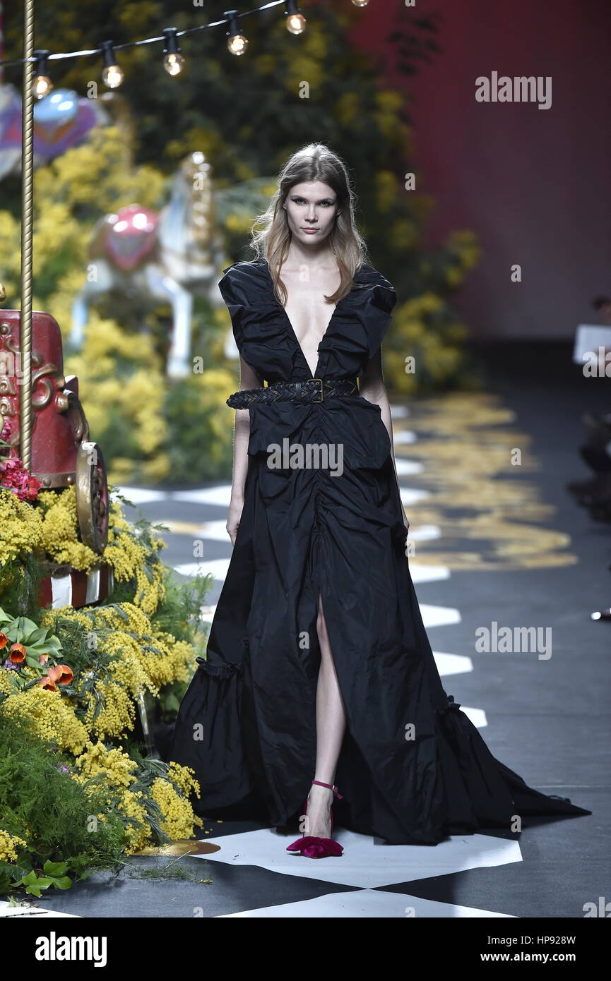 Madrid, Spain. 20th Feb, 2017. A model wears at collection runway a ...