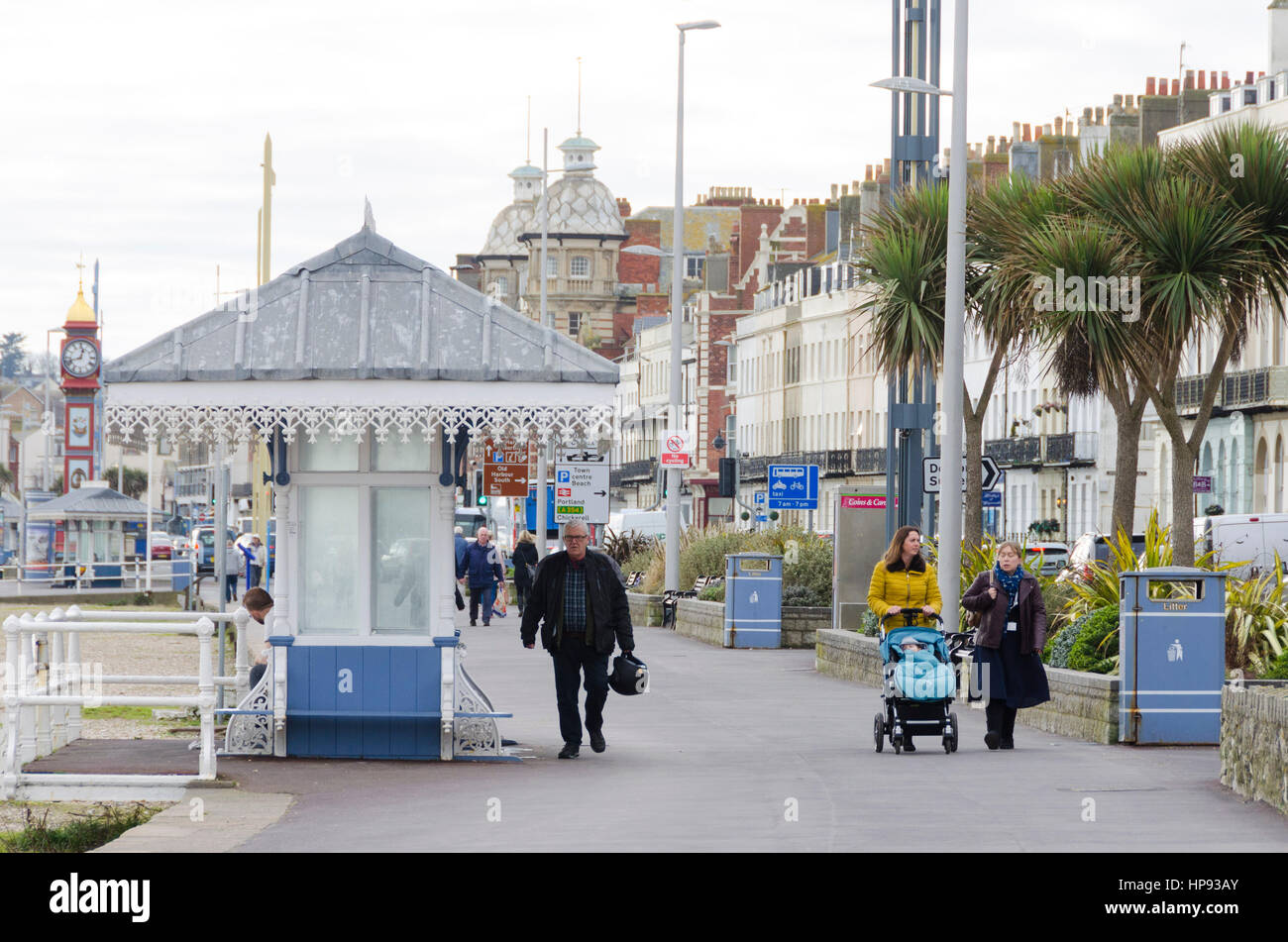 Weymouth, Dorset, UK. 20th Feb, 2017. UK Weather. Pedestrians on the ...