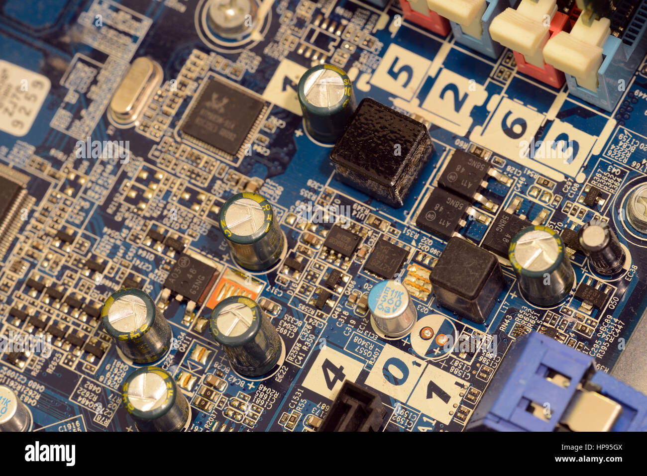 Close up of printed circuits on motherboard, the backbone of center of ...