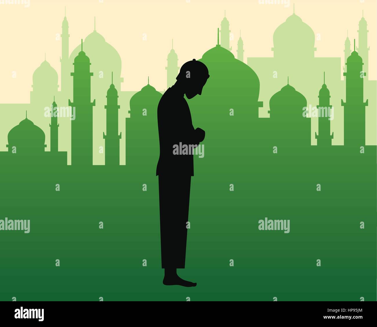 Moslem praying sholat illustration with black silhouette of a man doing ...