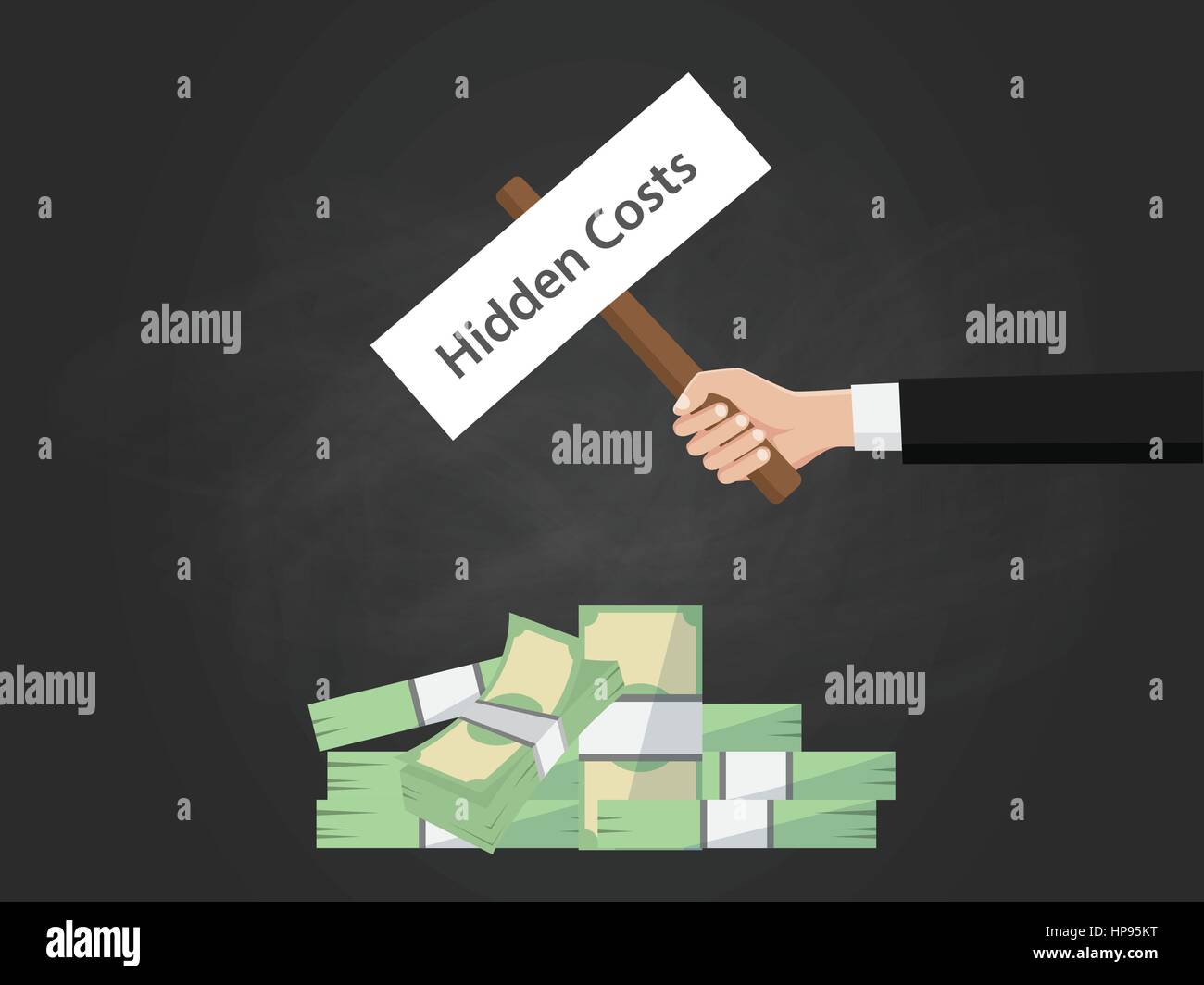 hidden costs text illustration on a sign board on top of money heap ...