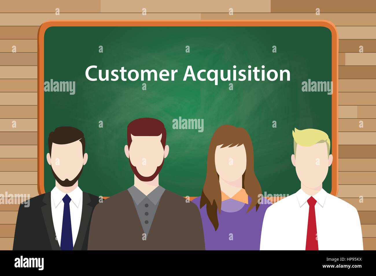 customer acquisition white text illustration with four people standing ...