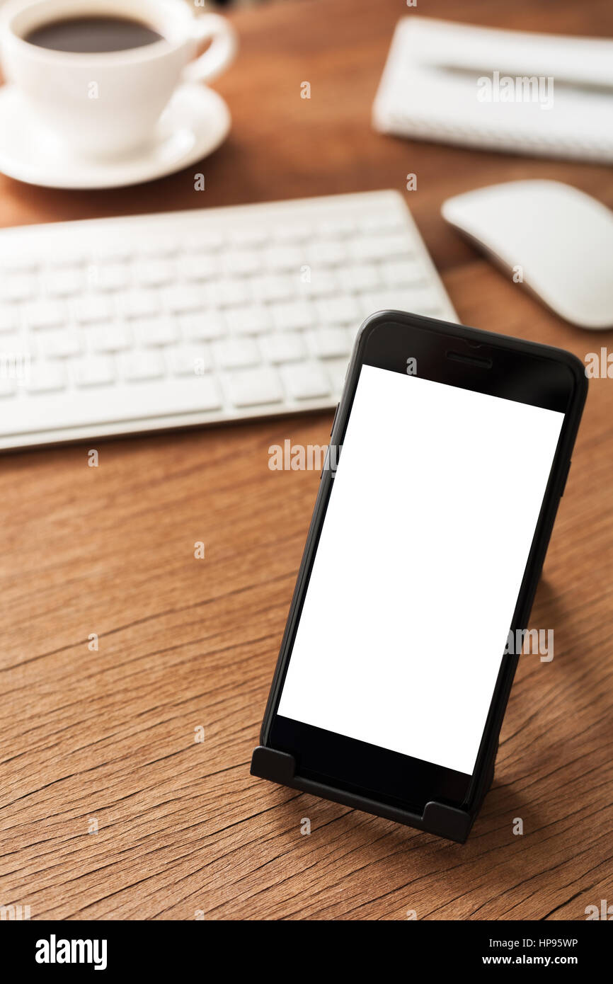 phone mobile on table showing blank screen Stock Photo - Alamy