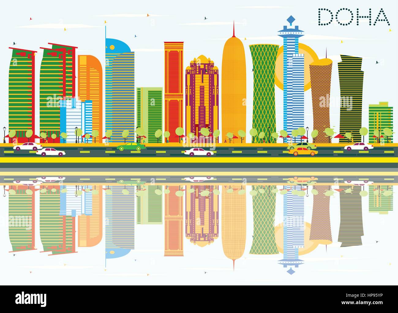 Doha Skyline with Color Buildings, Blue Sky and Reflections. Vector ...