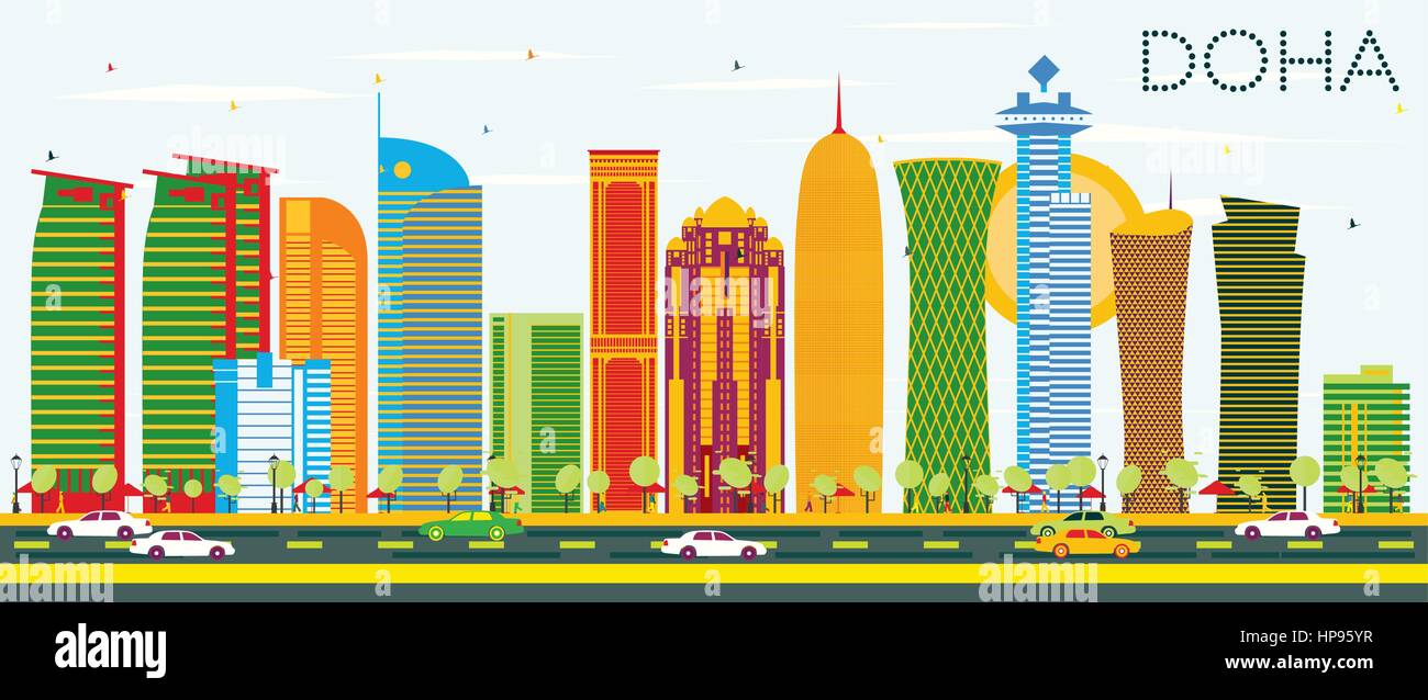 Doha Skyline with Color Buildings and Blue Sky. Vector Illustration ...
