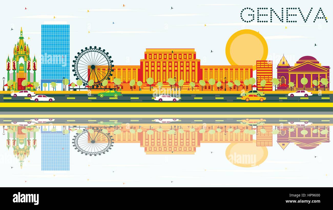 Geneva Skyline with Color Buildings, Blue Sky and Reflections. Vector ...