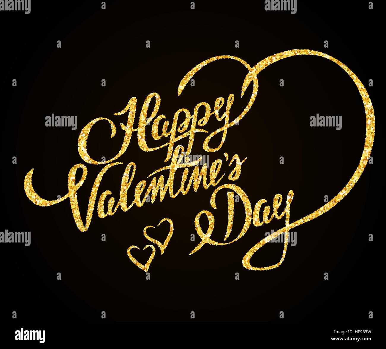 Happy Valentines Day Gold Glitter Hand Lettering On Black Background