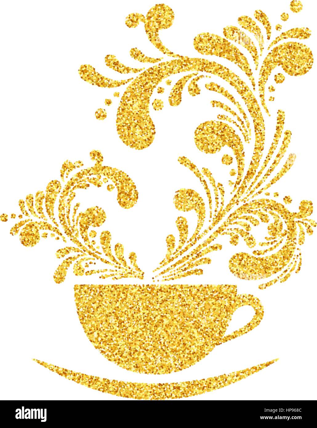 Vector Gold Glitter Sparkle Cup of Coffee with Floral Aroma Pattern ...