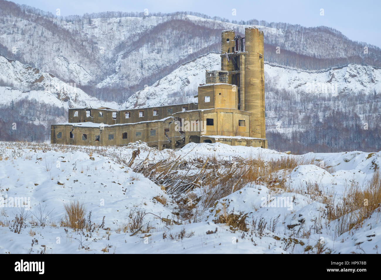 Ruins of the abandoned industrial building, Sakhalin, Russia Stock ...
