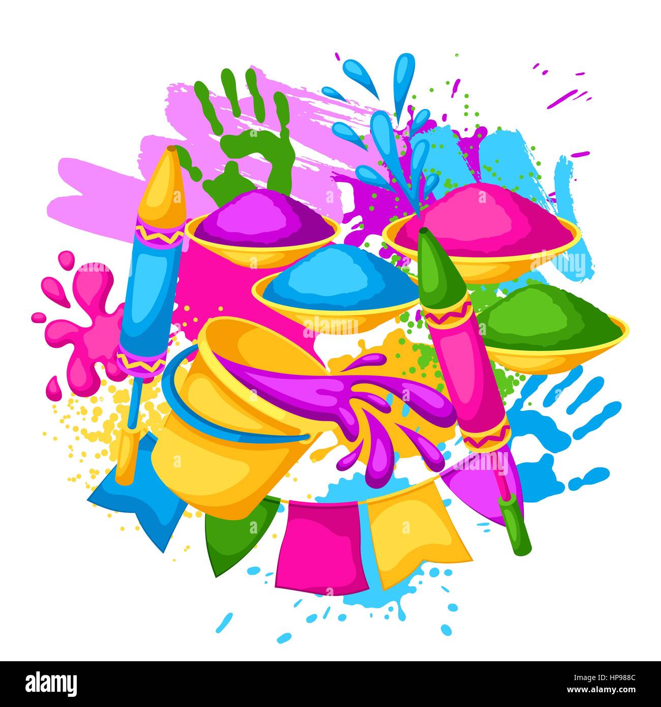 Happy Holi colorful background. Illustration of buckets with paint ...