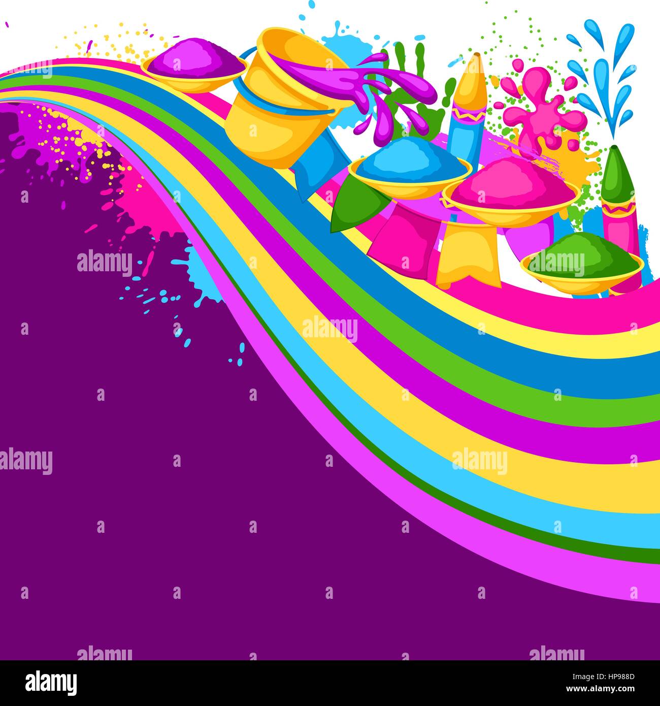 Happy Holi colorful background. Illustration of buckets with paint ...