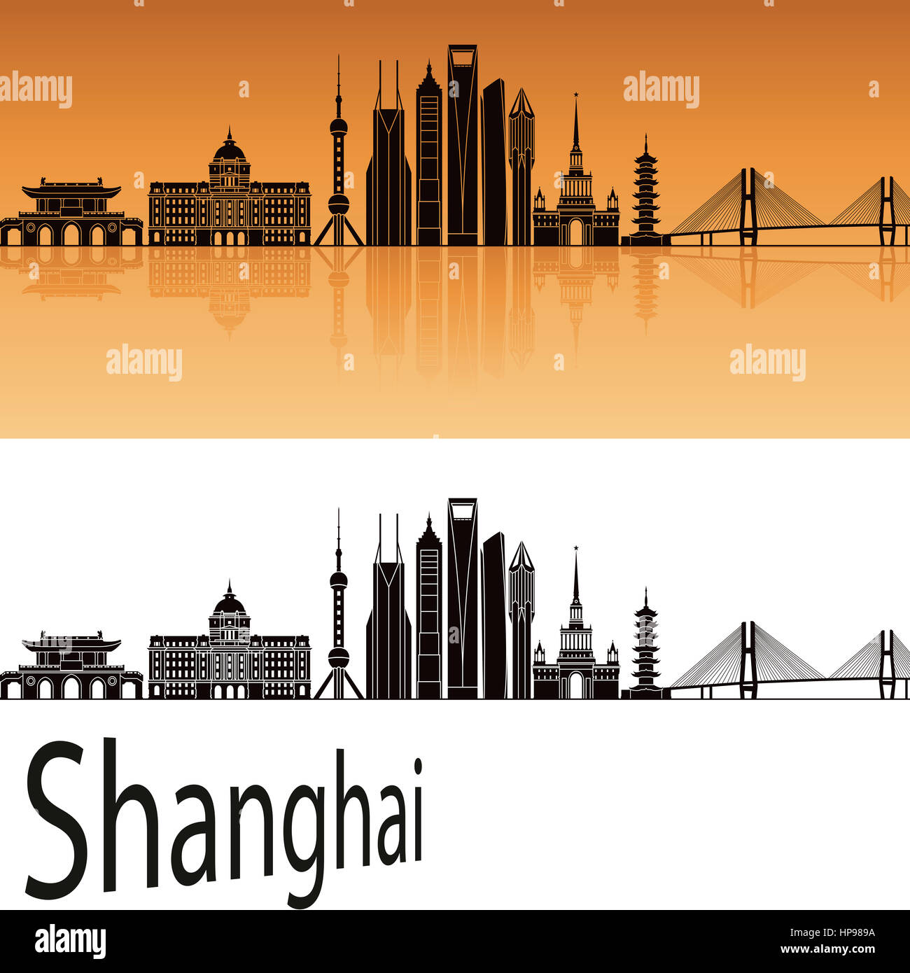 Shanghai V2 skyline in orange background in editable vector file Stock ...