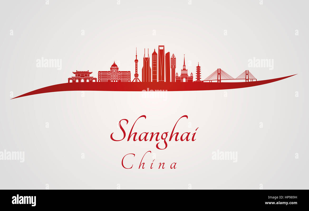 Shanghai V2 skyline in red and gray background in editable vector file ...