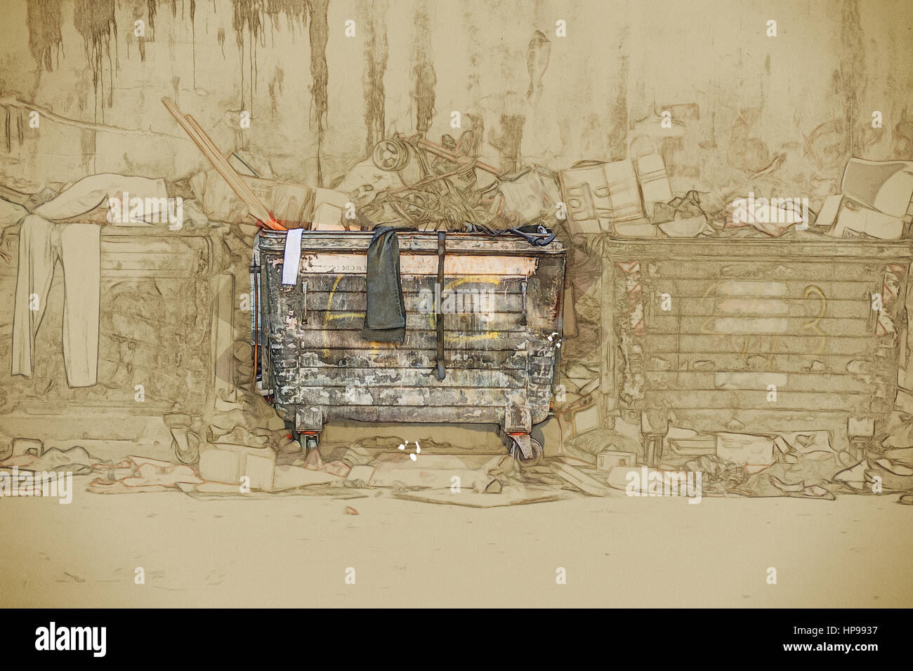 Dumpsters being full with garbage in a city. Modern Painting. Brushed ...
