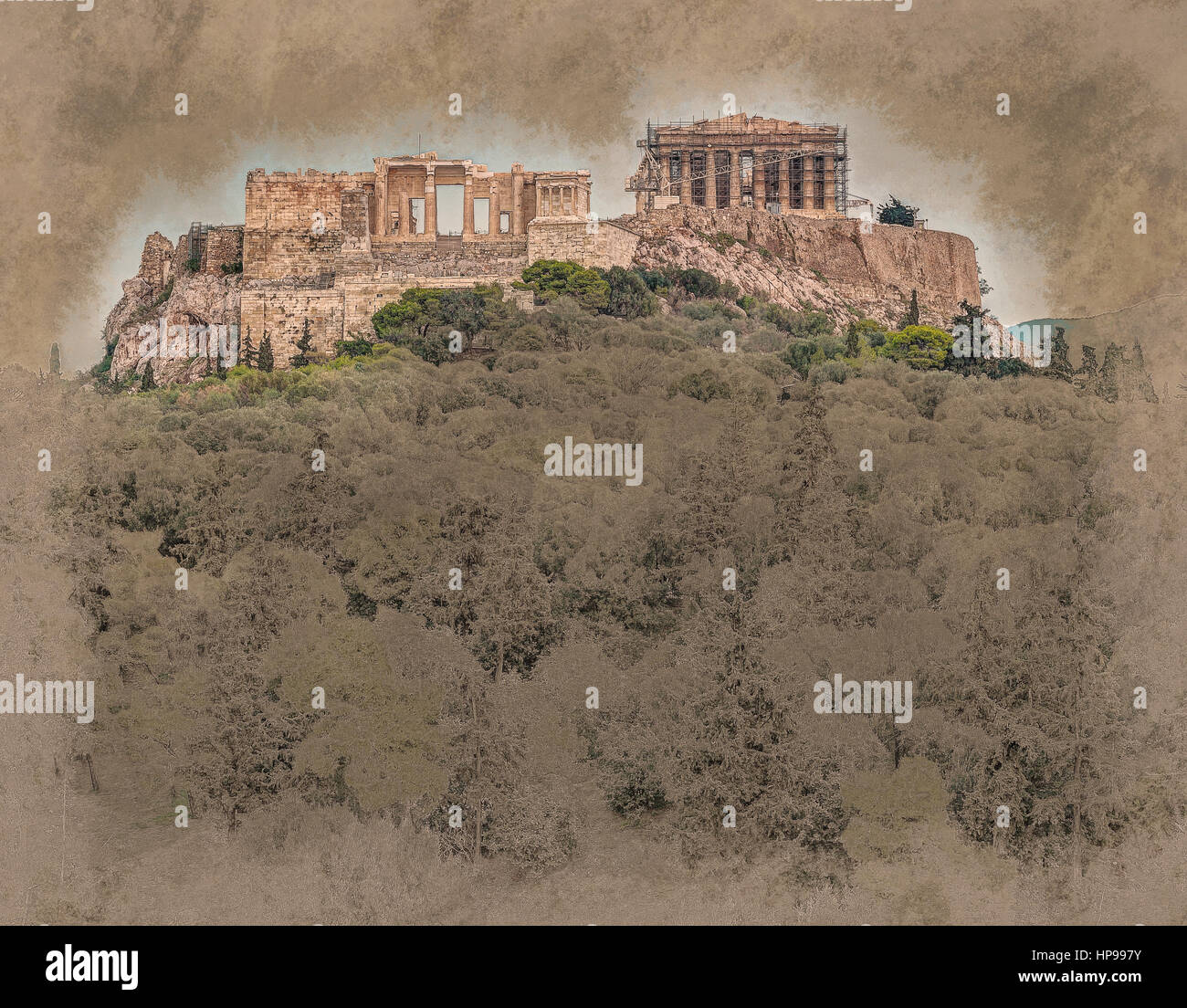 Parthenon and Herodium construction in Acropolis Hill in Athens, Greece ...