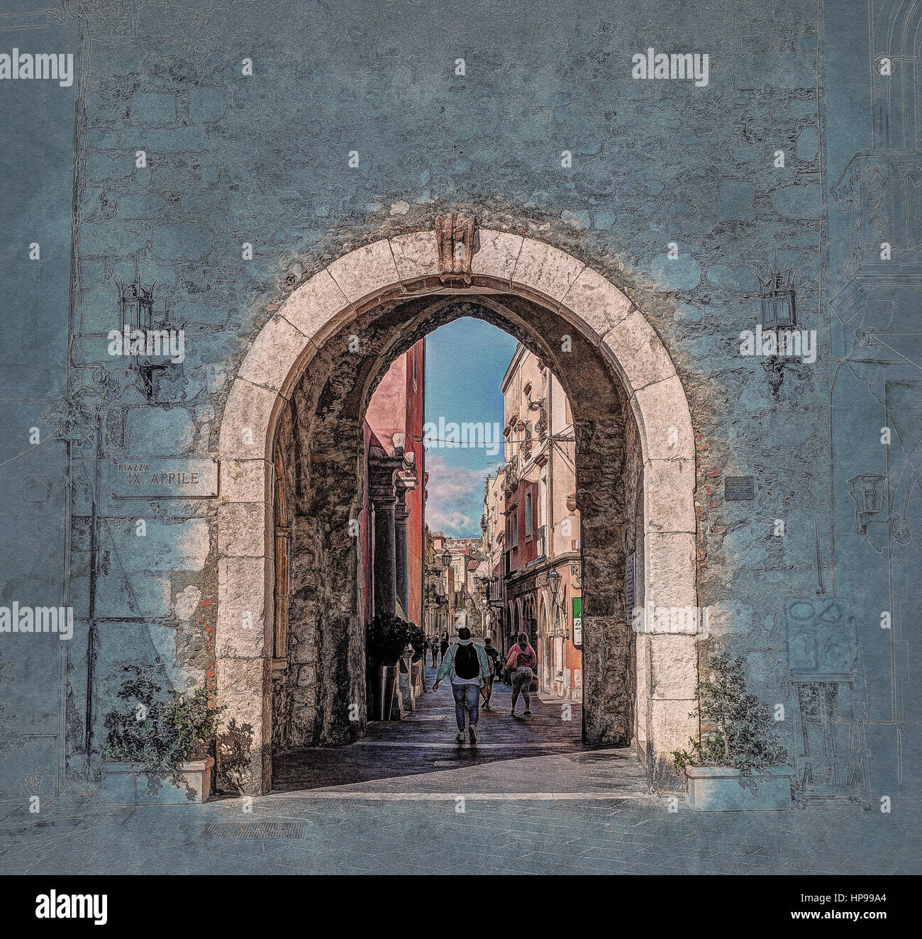 City gate in Taormina, Sicily, Italy, Europe. Modern Painting. Brushed ...