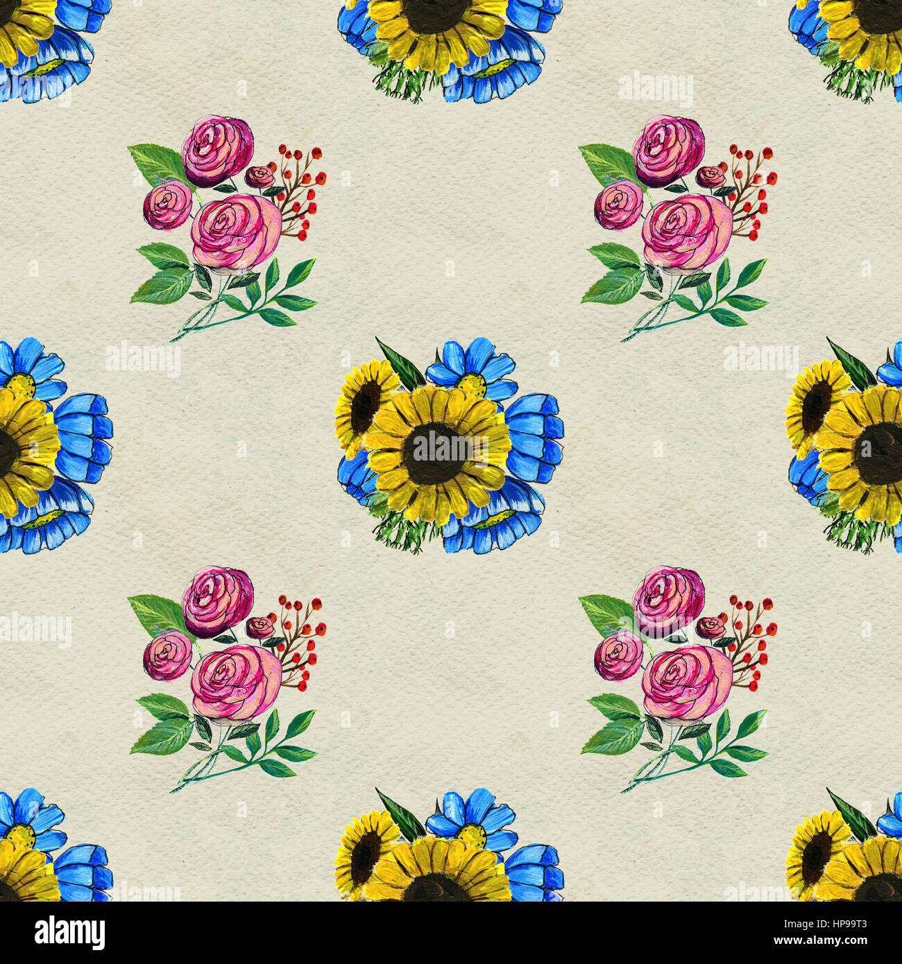 Seamless pattern with blue yellow and pink flowers Stock Photo - Alamy